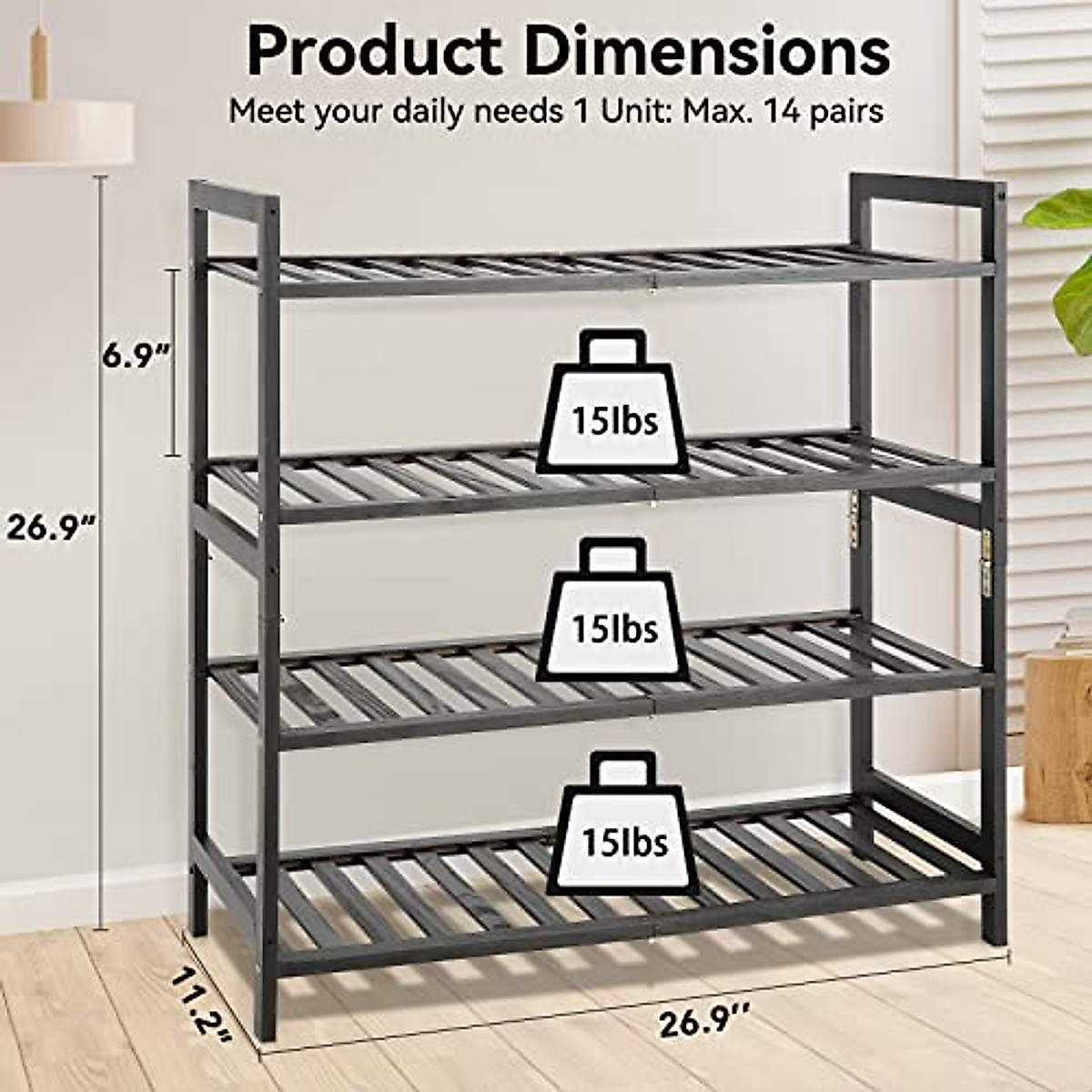 AKEYDIY Wooden Shoe Rack, 4 Tier Natural Pine Wooden Shoe Shelf, Slippers/Sneaker Rack Multi-Function Storage Organizer, Durable and Stable Free Standing Shoe Racks for Bedroom Closet (Wood)