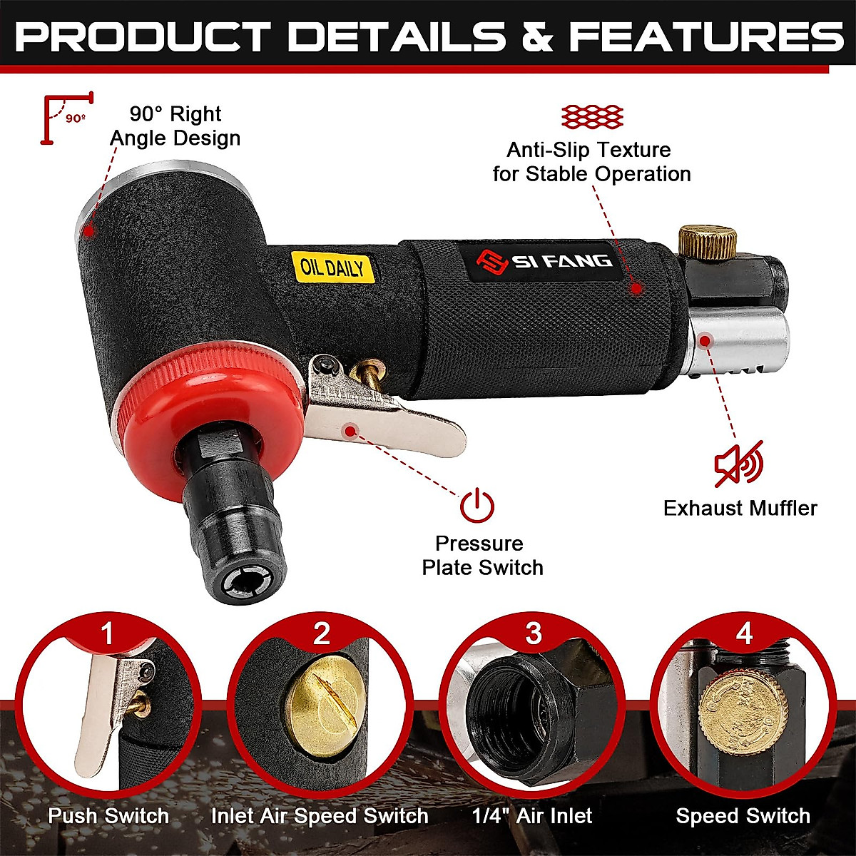 SI FANG 16Pcs Air Die Grinder Kit, Right Angle Die Grinder with 1/4" 1/8" Collets and 2" Quick Change Roll Lock Sanding Discs Accessories Set, 20,000RPM Pneumatic Air Grinding Tools Attachments Black