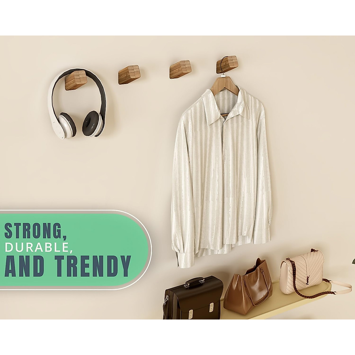 Comfify Set of 4 Bamboo Wall Hooks for Hanging Coats, Hats, Towels and More - Wall Mount Hooks for Hallway or Bathroom - Heavy Duty Wall Hooks