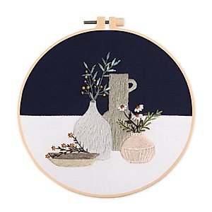 Stamped Embroidery Starters Kits with Pattern Flower in Vase for Beginners with Hoops Cloth Color Threads Cross Stitch Kits Needlework Art for Adults Students Home Decoration