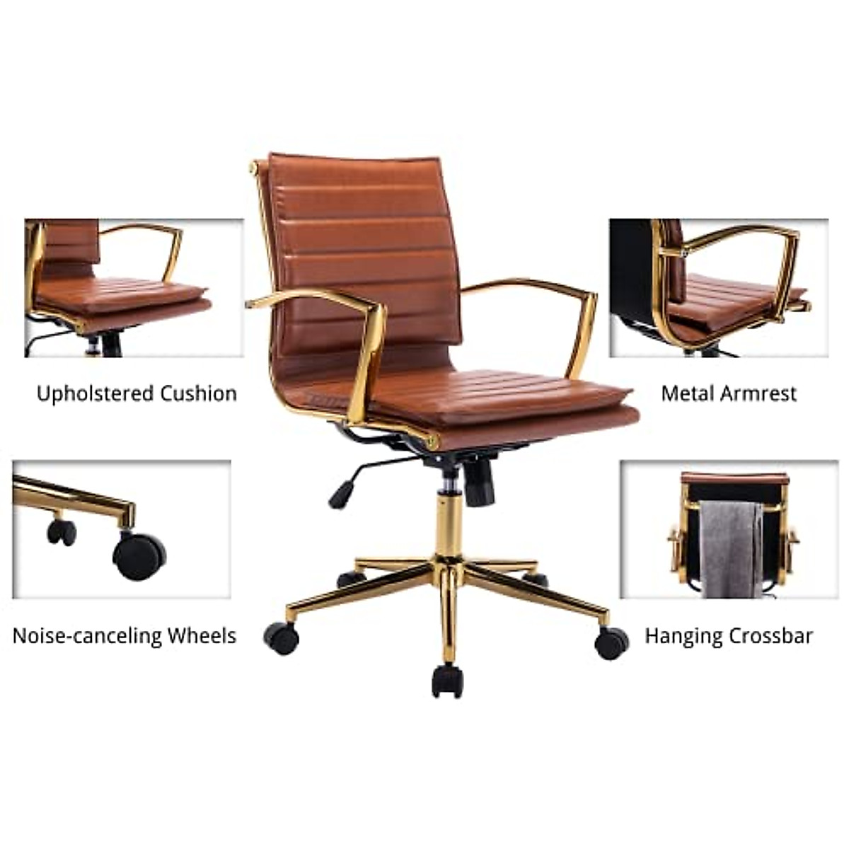 Shunzhi Leather Desk Chair with Armrest PU Leather Office Chair Midback Adjustable Home Computer Executive Chair Swivel Conference Task Chair Managers Chair with Chrome Base, Brown and Gold