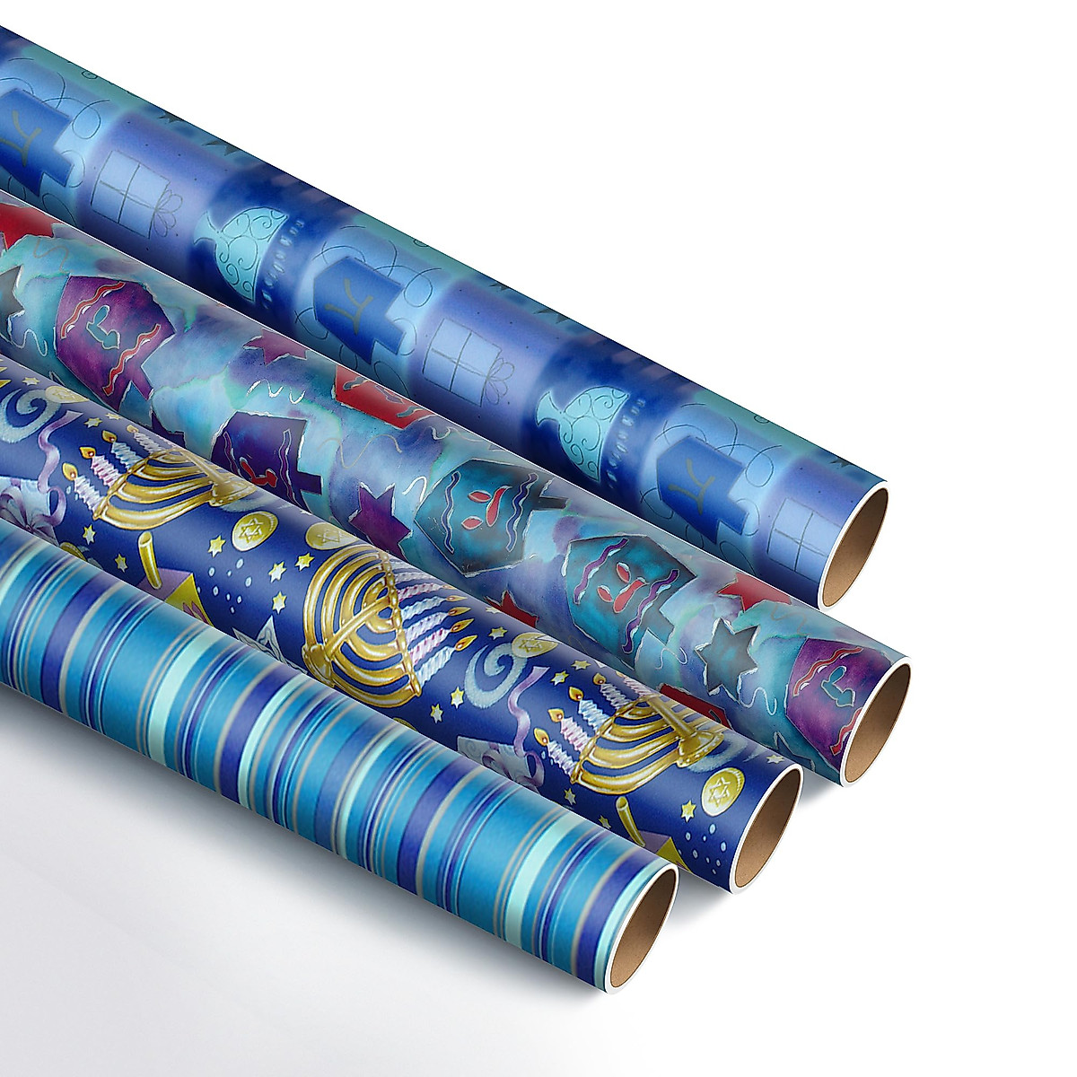Designer Greetings Glitterwrap™ Hanukkah Gift Wrap – Dreidels, Star of David, Menorahs, Coins and Blue Striped Pattern (4 Rolls/Designs Per Pack, 30” x 192”, 40 Sq. Ft.)
