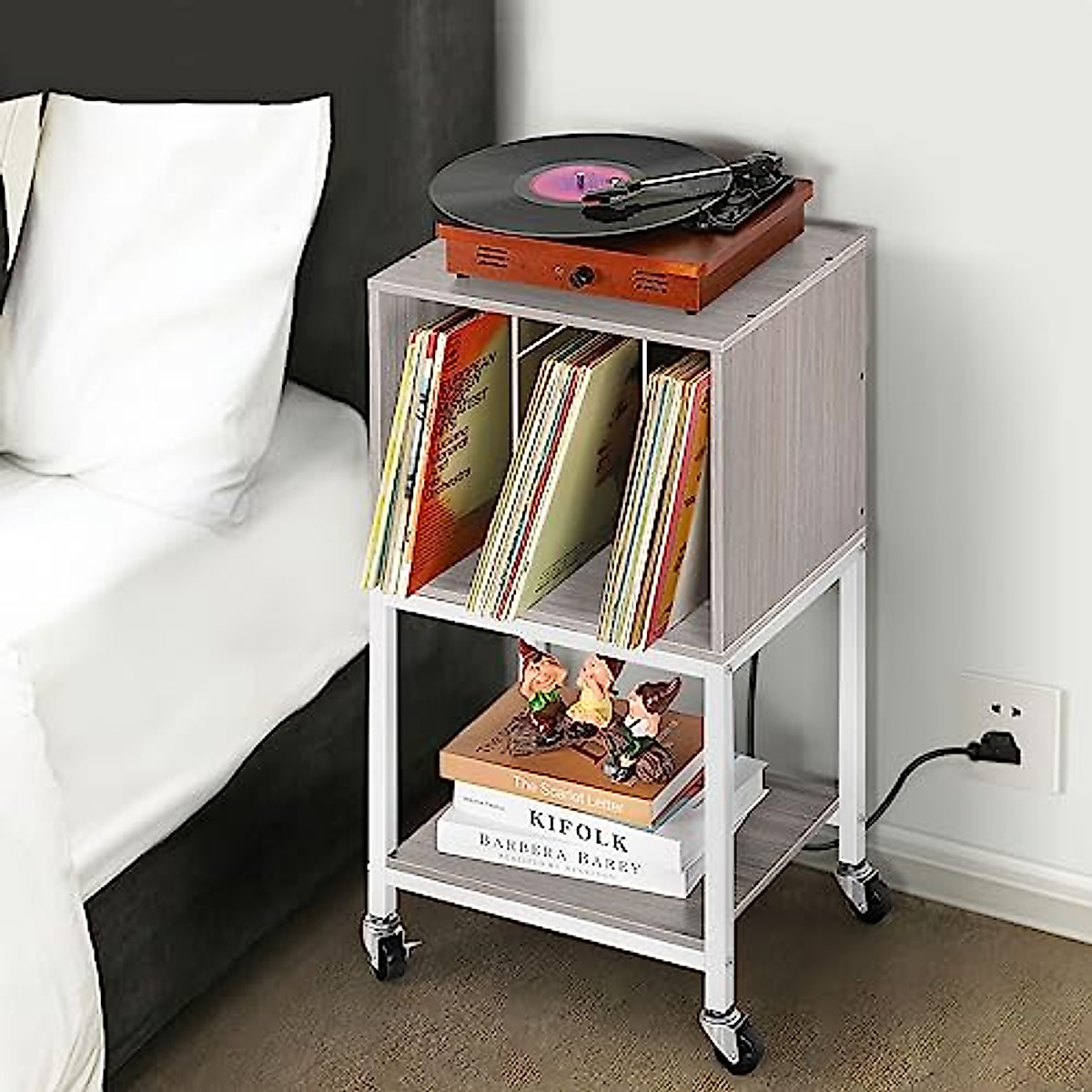 Melos Record Player Table with 3-Tier Vinyl Record Storage Cabinet, Turntable Stand, End Table, Nightstand for Living Room, Bedroom, Office (White)