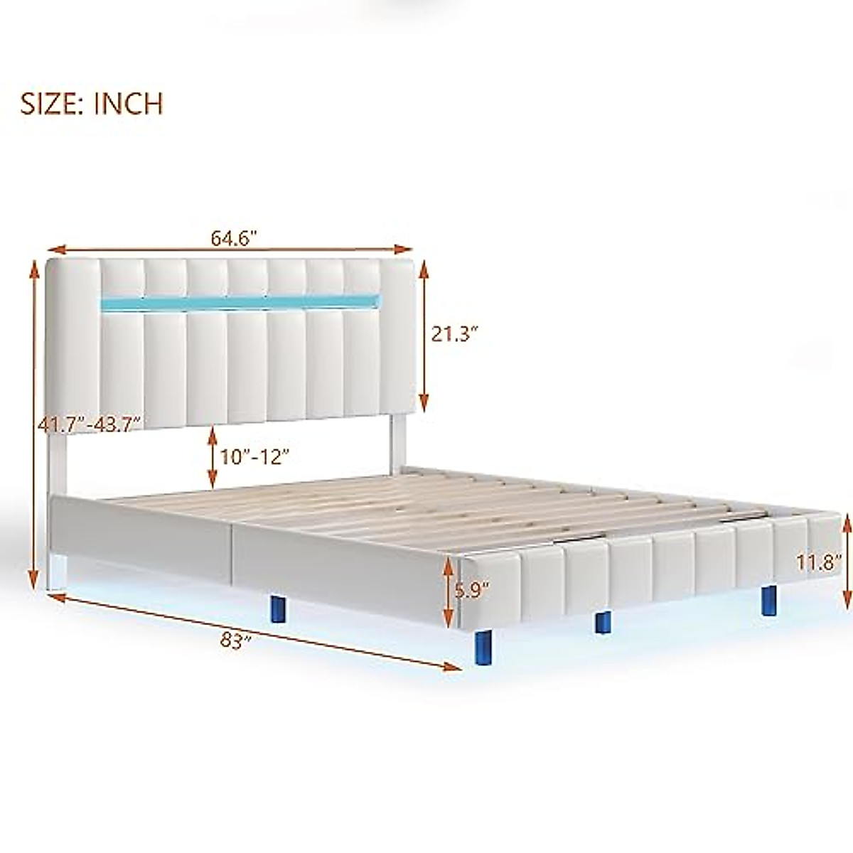 Modern Upholstered Platform LED Bed Frame, Queen Size Upholstered Bed with LED Lights and USB Charging, Floating Bed Frame with Wood Slats Suooprt, No Box Spring Needed (White, Floating Bed Frame 6)
