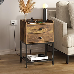HOSEOKA Nightstand with Charge Station and USB Ports, Modern Bedside Table with 2 Drawers & Storage Shelves, Wooden Accent Night Stand with Metal Frame, Vintage End Table for Bedroom, Brown