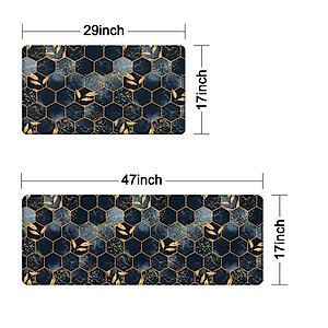 Colorful Star Geometric Marble Kitchen Mats Cushioned Anti Fatigue 2 Pieces Set Kitchen Floor Rugs Non-Slip Leather Standing Mat Comfort Runner Rug 17" Wx29 L+17" Wx47 L Hexagon Marble & Gold Leaves