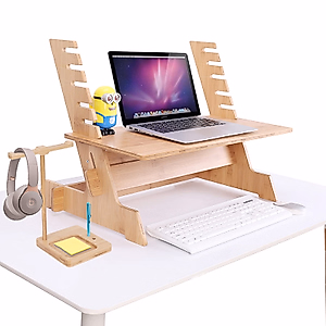 Wisfor Bamboo Standing Monitor Stand Desk Convertor Riser for Monitor Adjustable Height Standup Desk Top Laptop Workstation with Phone Headset Holder