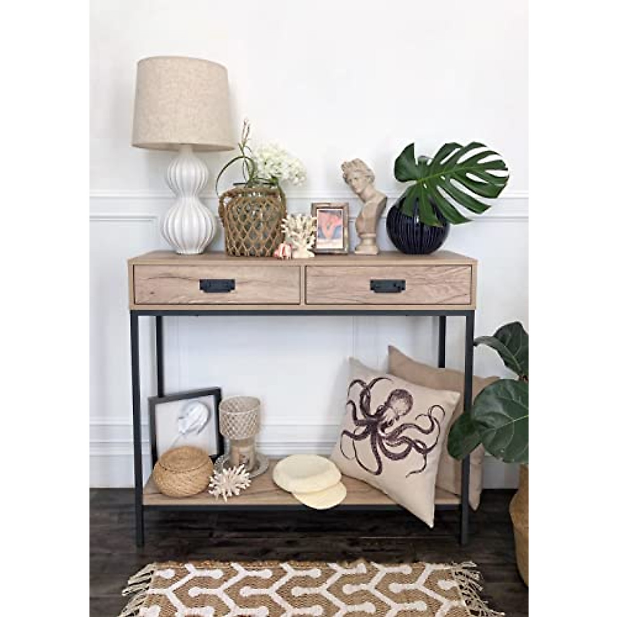 roomfitters Oak Wood Console Table with 2 Drawers, Hallway Foyer Table with Storage Shelves, Narrow Long Sofa Table, Side Table for Living Room, Hallway, Black Metal Frame, Rustic Brown