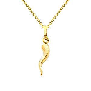 The World Jewelry Center 14k REAL Yellow Gold Cornicello Italian Horn Pendant with 1.2mm Cable Chain Necklace - 20"