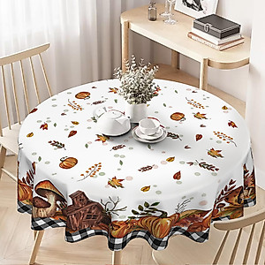 JYKCUL Fall Tablecloth Round 60 Inch, Buffalo Plaid Pumpkin Mushroom Leaves Fall Table Cloth Thanksgiving Autumn Table Cover for Party Picnic Kitchen Dinner Decor