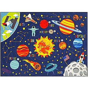 KC Cubs Outer Space Solar System Road Play Educational Learning & Fun Game Boy & Girl Kids Rug Carpet for Children Bedroom, Toddler Classroom and Baby Playroom Floor Mat, Playtime Adventure Activity