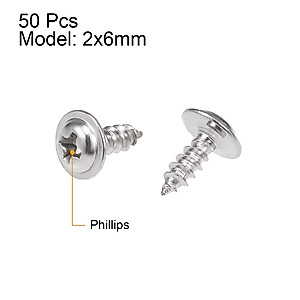 uxcell 2x6mm Self Tapping Screws Phillips Pan Head with Washer Screw 304 Stainless Steel Fasteners Bolts 50Pcs