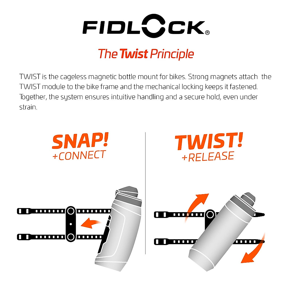 FIDLOCK Twist Bottle 590 & Uni Base Set - New Leak-Proof, Self-Sealing Bottle Cap - Bike Water Bottle Holder with No Screws & Attached Bottle - Cage Free Magnetic Rack - Smoke