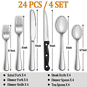24 Pcs Silverware Set with Steak Knives Service for 4,Stainless Steel Flatware Set,Mirror Polished Cutlery Utensil Set,Home Kitchen Eating Tableware Set,Include Fork Knife Spoon Set,Dishwasher Safe