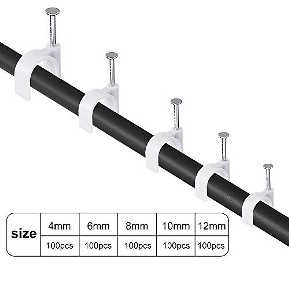 Attmu 500 Pack Cable Clips White Cable Wire Clips ​Management with Steel Nails 4mm 6mm 8mm 10mm 12mm Ethernet Cable Nails Round Cable Wire Tacks for Cat6 Rg6, Rg59, Rj45 Cable, White