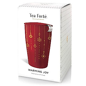 Tea Forte Warming Joy Kati Cup, Ceramic Loose Leaf Tea Infuser Cup with Basket and Lid, 12oz Double Walled Tumbler with Stainless Steel Influser and Gift Box