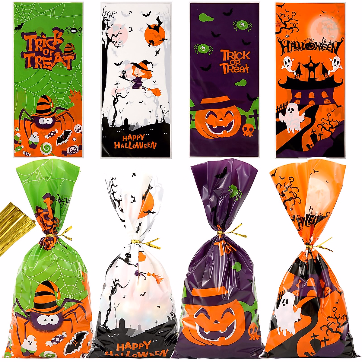 idolpack 50 Pcs Halloween Cellophane Treat Bags 4.9''X10.8'' Halloween Cello Candy Cookie Goodies Gift Bags with Twist Ties for Halloween Trick or Treat Party Favors Supplies