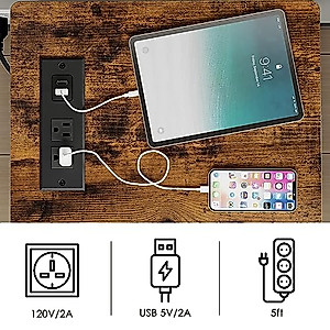 Fixwal 2-Tier Nightstand with Charging Station, End Table Set of 2, Side Table with USB Ports and Power Outlets, Side Table for Living Room, Bedroom, Rustic Brown and Black