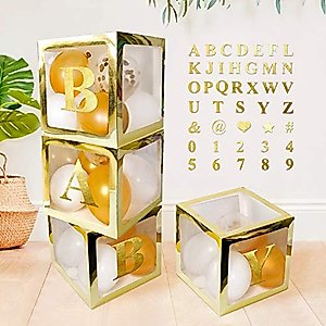 4 pcs Gold Transparent Balloons Boxes with 30 Letters 10 Numbers 5 Symbols, UNIIDECO Neutral Gender Reveal Oh Baby Shower Decorations ABC Blocks Sign, Bridal Wedding Shower Birthday Party Supplies