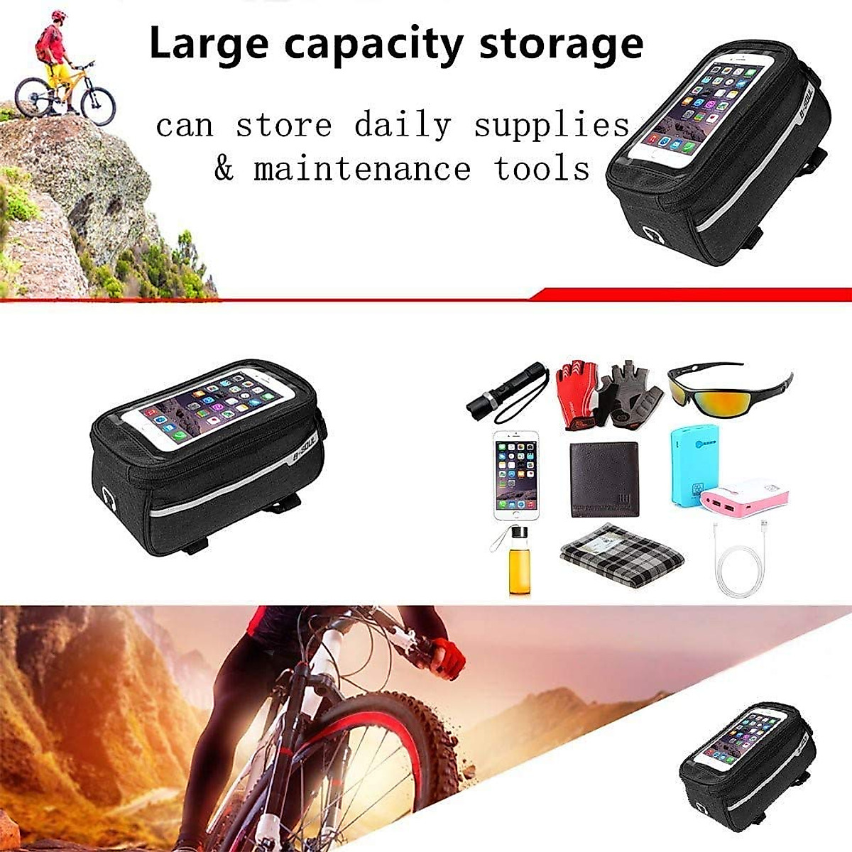 Bike Phone Mount Bag Cycling Bicycle Front Frame Top Tube Handlebar Bag with Touch Screen Holder Case for Samsung Note 20 Ultra S20 Ultra S20 Plus A51 A71 Moto Edge G Plus Power Stylus (black)