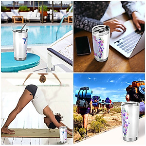 Bright Iris Flowers Hummingbirds Travel Mug Insulated Tumbler with Lid and Straw Spring Floral Beautiful Stainless Steel Vacuum Double Walled Drinking Cup Keeps Drinks Cold&Hot Water Bottle for Trave