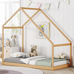 Merax Twin Bed Frames with Roof for Kids Girls Boys, Montessori Wooden House Shaped, Sturdy Framework, Easy Assembly, No Noise