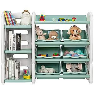 HONEY JOY 4-Tier Kids Toy Storage Organizer with 6 Bins, 2-in-1 Toy Storage Unit with Corner Bookshelf and Removable Toy Box, Toddler Furniture for Playroom Daycare (Green)