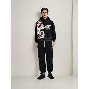 Obenie Retro Y2K Hoodie Gothic Casual Alphabet Blast Print Pattern Skull Fashion Hoodie Men Harajuku Men Clothing (black,L,Large)