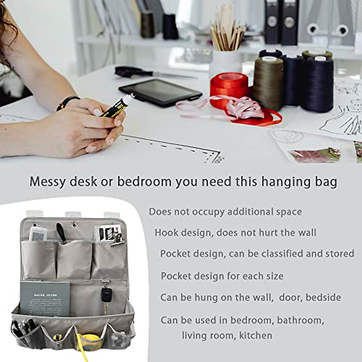 HSLFUAI Hanging Organizer with Pockets for Bathroom, Behind Door, Bedroom, Washing Table, Hanging Organizer, Door Organizer with 3 Sticky Wall Hooks (2Layer, Grey)