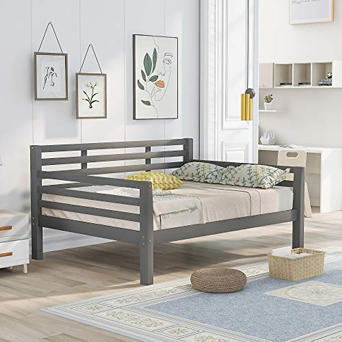 Flieks Solid Wood Clean Lines Daybed, Full-Size Bed Frame Multi-Functional Daybed for Kids/Teens Bedroom/Guest Room Furniture, No Box Spring Required