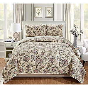 Home Collection 3pc King/California King Bedspread Quilt Set Floral Beige Pink Blue Taupe Green Flowers Leaves Over Size New