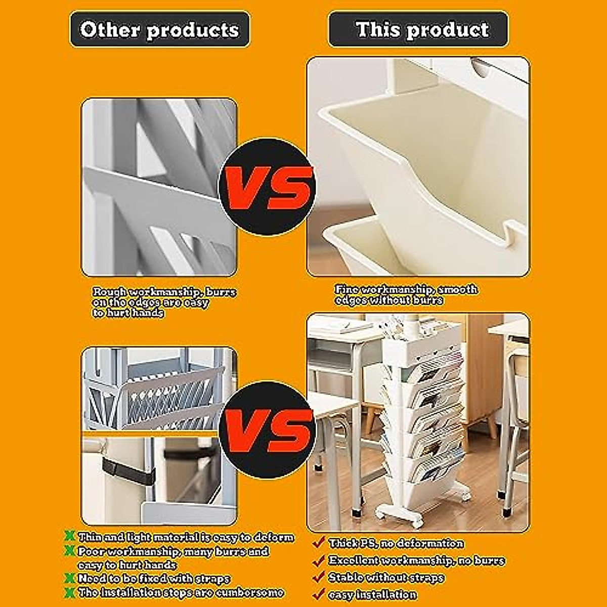 6 Tier Rolling Utility Cart,Multi-Functional Movable Storage Book Shelves With Lockable,Mobile Bookshelf Unique Bookcase Rolling Storage Cart,For Study Office Kitchen Classroom,Without drawer,C