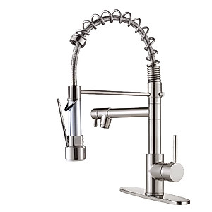 Qomolangma Contemporary Kitchen Faucet with Pull Down Sprayer, Stainless Steel Single Handle Spring Kitchen Sink Faucets with Sprayer, with Deck Plate, Brushed Nickel