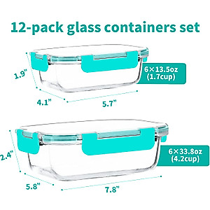 KOMUEE 12 Packs Glass Meal Prep Containers Set, Glass Food Storage Containers with Locking Lids, Airtight Glass Lunch Containers, Microwave, Oven, Freezer & Dishwasher Friendly, Green