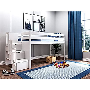 JACKPOT! Contemporary Low Loft Twin Bed with Stairway, Loft Bed, White