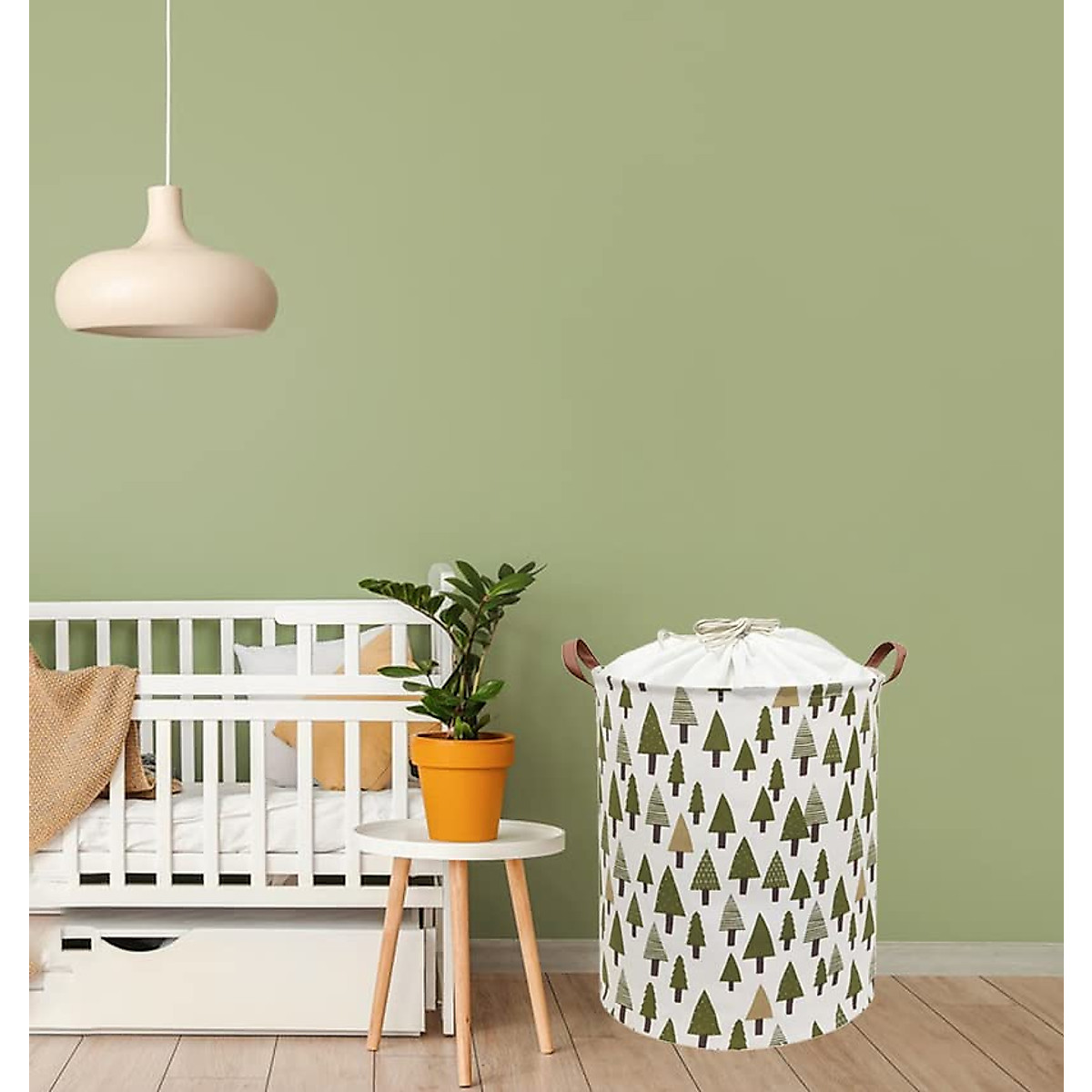 Sanjiaofen Nursery Laundry Basket Canvas Fabric Baby Boy Storage Bins,Collapsible Woodland Hamper,Waterproof Storage Baskets with Leather Handle,Forest Nursery Decor,Toy Organizer (Tree)