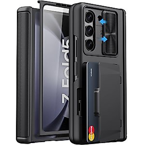 SIXBOX for Samsung Galaxy Z Fold 5 Case with Card Holder & Slide Camera Cover, Built-in Screen Protector & Hinge Protection, Shockproof Durable Wallet Phone Case for Galaxy Z Fold 5 5G 2023, Black