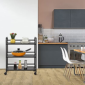 DCLRN 3 Tier Metal Mesh Utility Cart,Rolling Cart,Dining Cart,Multipurpose Storage Rack,Heavy Duty Cart with Locking Wheels(Black)