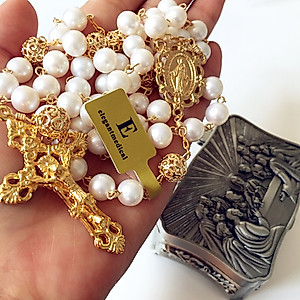 White Real Pearl Rose Gold Beads Catholic Rosary Cross Necklace Supper Box