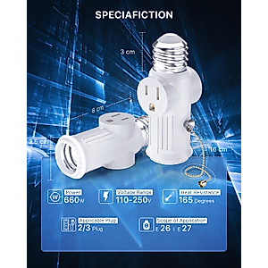 Letaclanic Light Socket to Plug Adapter, 2-Pack Pull Chain 2/3 Prong Light Socket Adapter E26/E27 Light Bulb Outlet Socket Polarized Plug Converter for Garages, Living Rooms, hallways, and More