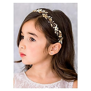 SWEETV Flower Girl Headpiece Pearl Gold Wedding Hair Accessories for Girls Flowers Headband Tiara for Birthday,party