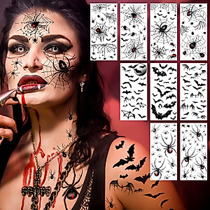 VANTATY 9 Sheets Halloween Spider Web Face Tattoo Stickers, Bat Half Arm Temporary Tattoo Sleeve For Women Men Adults Kids, Scary Spiderweb Witch Makeup for Halloween Face Tattoo, Fake Chucky Zombie Makeup Kit