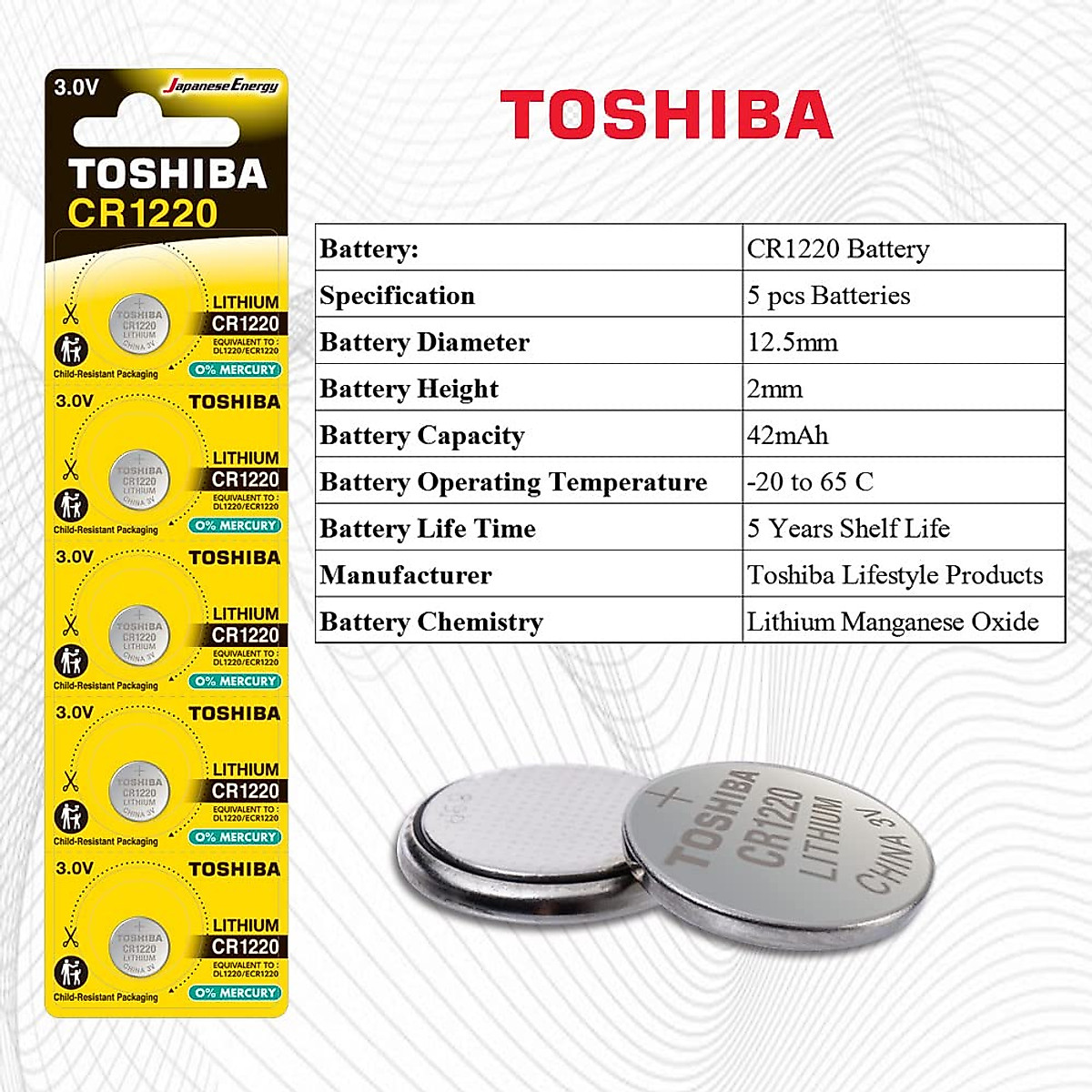 TOSHIBA CR1220 3V Lithium Coin Cell Battery 5 Batteries in Strip Child-Resistant Packaging