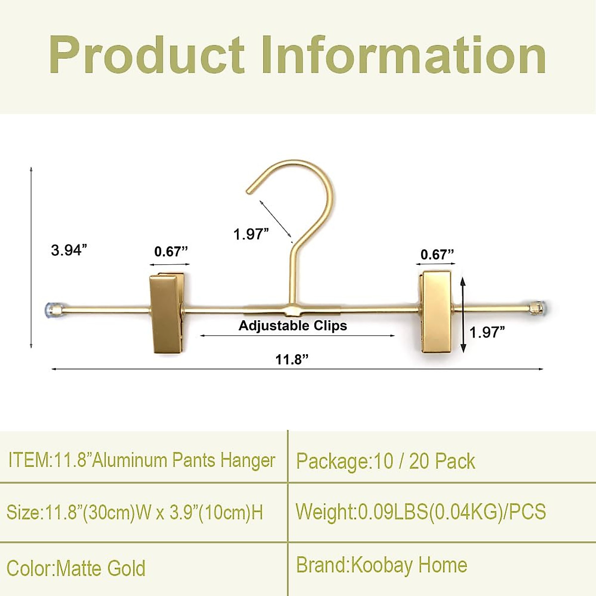 Koobay Pants Hanger Gold Aluminum Skirt Hangers 2-Adjustable Clips Heavy Duty Clothes Hangers Space Saving Durable Hanger 11.8" Closet Organizer for Pant,Pack of 10