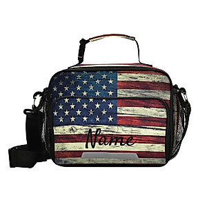 Glaphy Custom Vintage American Flag Lunch Bag for Boys Kids, Personalized Your Name Lunch Tote Bags Insulated Lunch Box for Office Work School Picnic