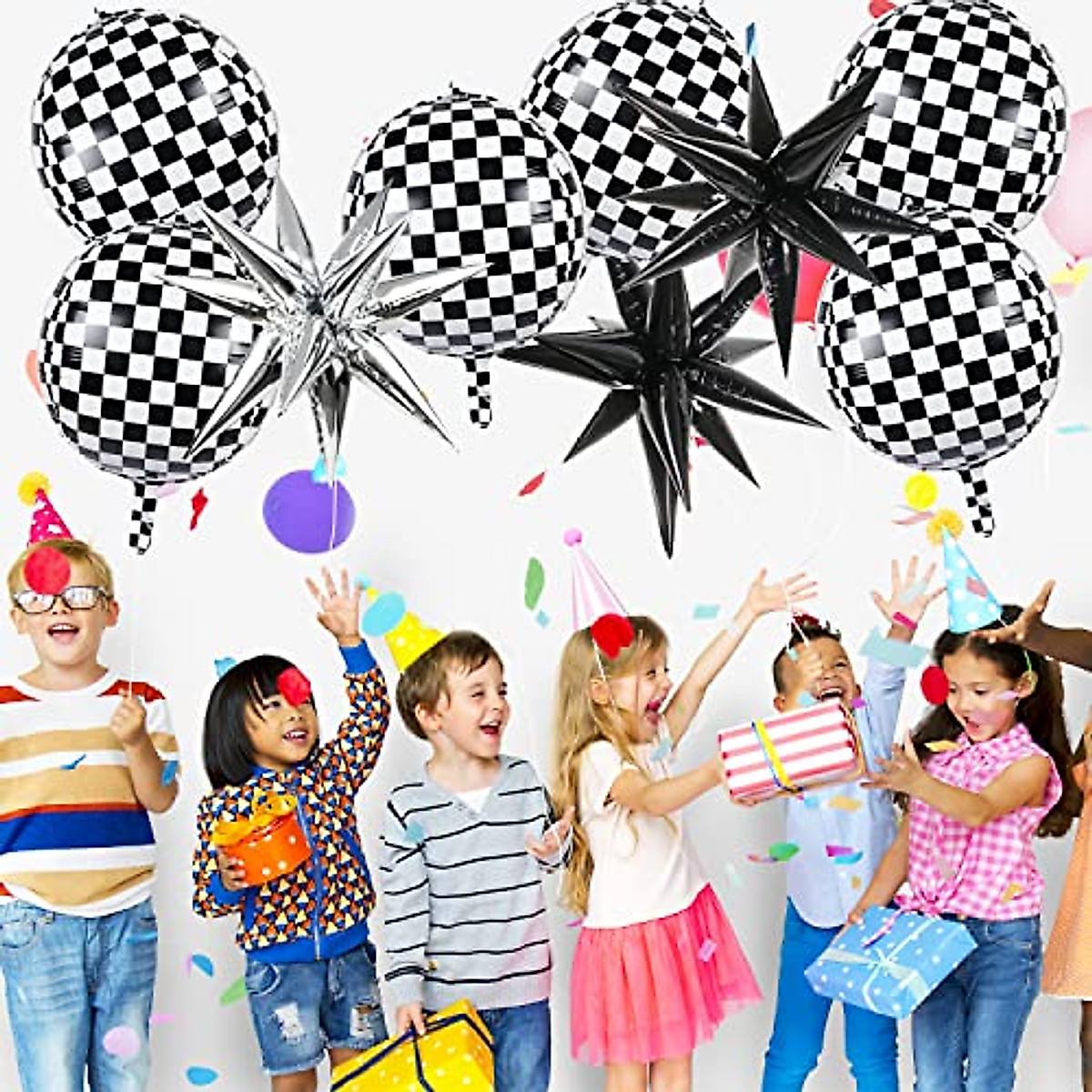 6 Pcs Race Car Checkered Balloons 3 Pcs Explosion Pointed Star Foil Balloons for Racing Party Decorations, 22'' Jumbo Sphere 4D Black and White Checkered Flag Mylar Balloons for Birthday Party
