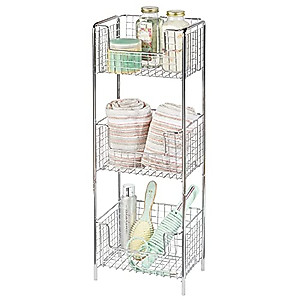 mDesign Steel Freestanding Storage Organizer Tower Rack Basket Shelf, Metal 3-Tier Furniture Unit for Master/Guest Bathroom, Powder Room - Holds Bath Towels, Soap - Concerto Collection - Chrome