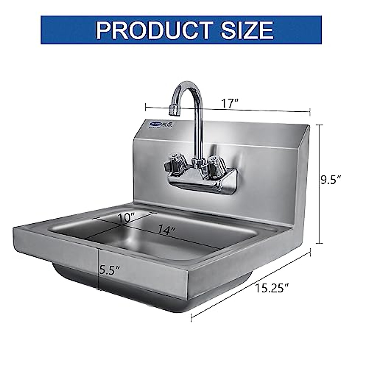 HARDURA Stainless Steel Hand Washing Sink with Gooseneck Faucet, NSF Commercial Wall Mount Hand Sink for Restaurant, Kitchen, Home, 17X15 Inches