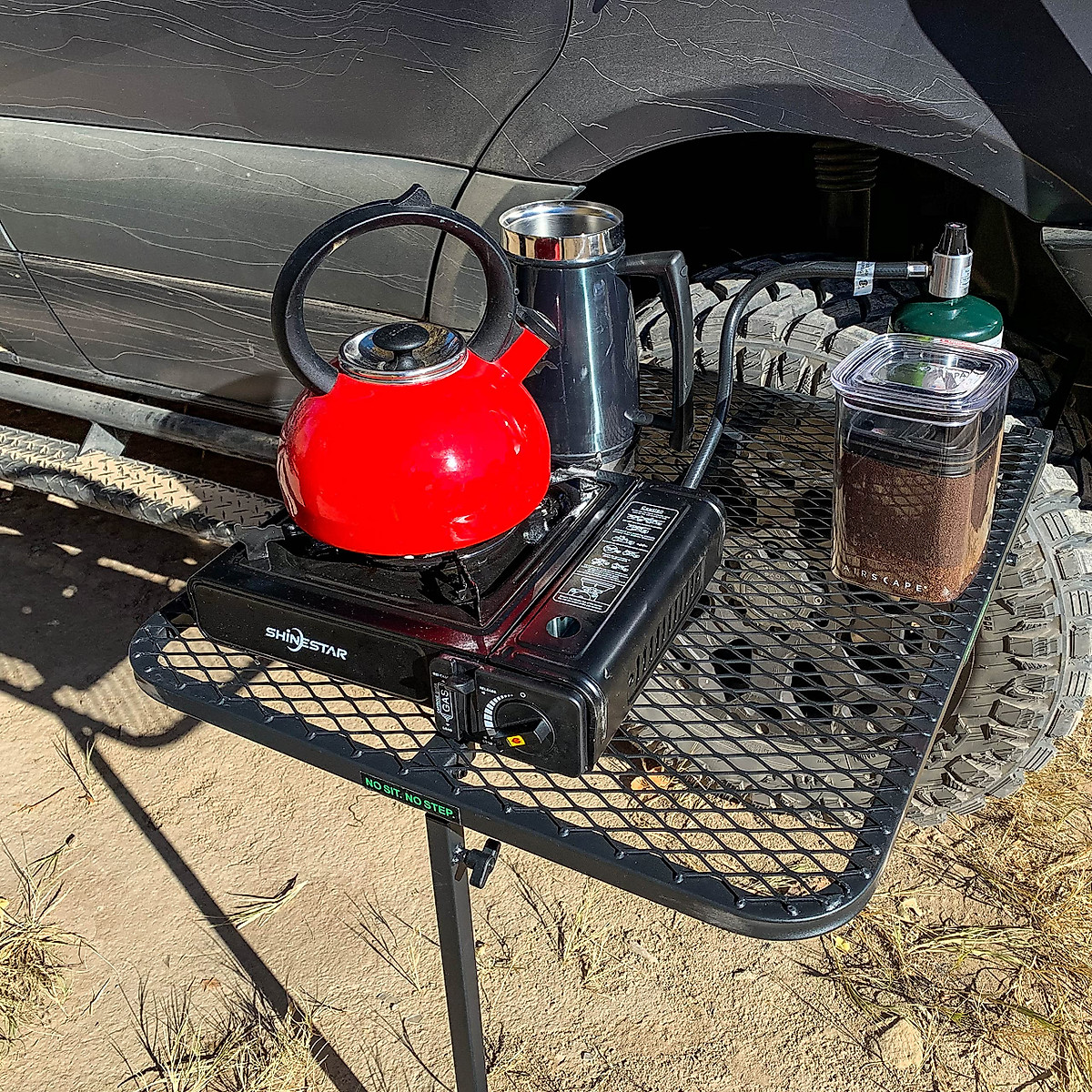 Tire Table Camping Table, Standard (29" x 23" x 1.5"), Black (Aluminum) and Flame King YSN5LB 5 Pound Propane Tank Cylinder, Great for Portable Grills, Fire Pits, Heaters and Overlanding, White