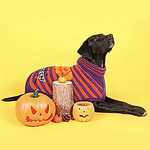 HUMLANJ Halloween Dog Turtleneck Sweater Pumpkin Striped Pet Dog Sweaters Winter Knitted Sweater with Leash Hole Warm Pullover Sleeveless for Large Dogs